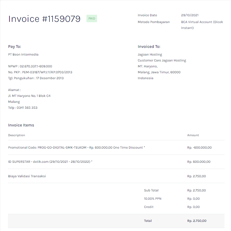 Informasi Tagihan, Due Date, Total Tagihan di Akun Jagoanhosting Kamu