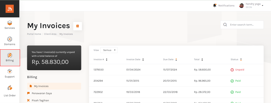 Informasi Tagihan, Due Date, Total Tagihan di Akun Jagoanhosting Kamu